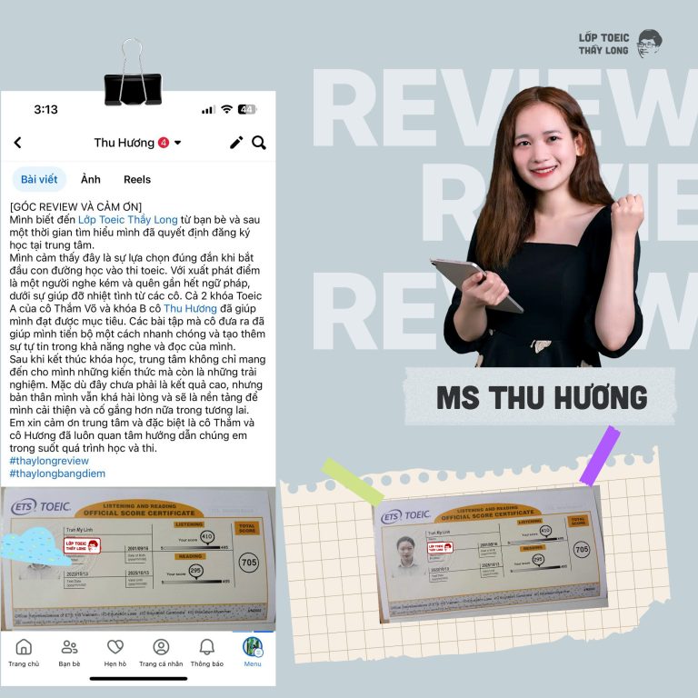 Review Tran My Linh 705 TOEIC Ms Thu Hương T10/2023 - Lớp Toeic Thầy Long
