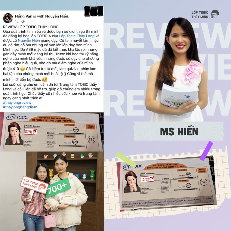 Review Pham Thi Hong Van 780 TOEIC Ms Hiền T12/2023 - Lớp Toeic Thầy Long