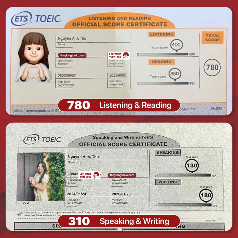 Nguyen Anh Thu 130 Speaking 180 Writing 780 TOEIC 24/01/2024 - Lớp ...